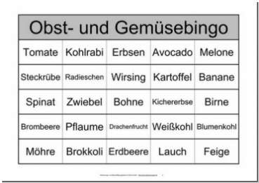 Bilder-Bingo-Spiel für Senioren mit Bildern von Obst und Gemüse