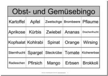 Bilder-Bingo-Spiel für Senioren mit Bildern von Obst und Gemüse