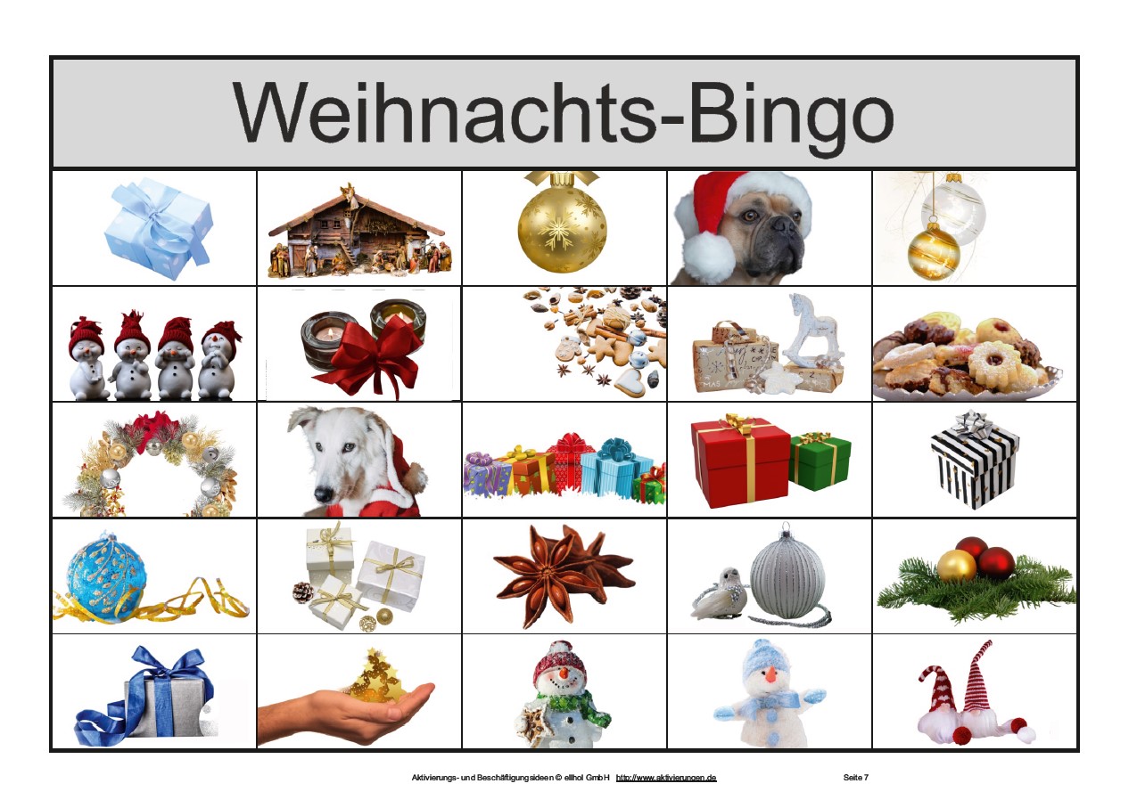 Bilderbingo Spiel für Senioren mit weihnachtlichen Bildern